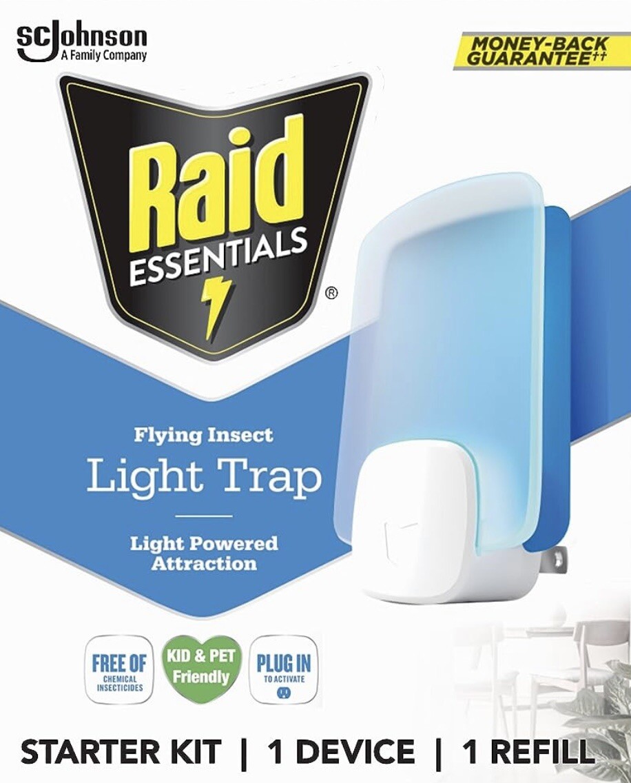 Raid Essentials Flying Insect Light Trap Starter Kit, 1 Plug-In Device ...