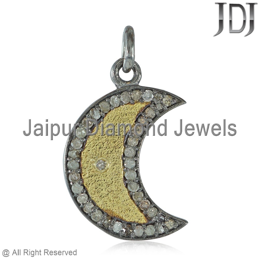Crescent Half Moon Charm Natural Pave Diamond 925 Sterling Silver Gift ...