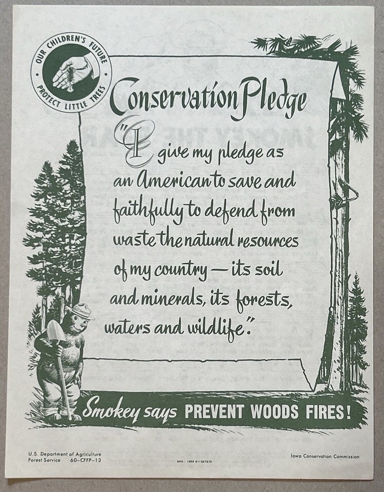 1952 Smokey The Bear Song Sheet & Conservation Pledge Department Of ...