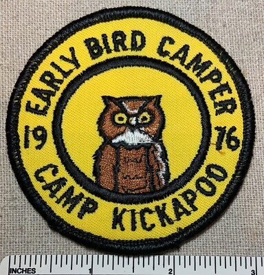 Vintage 1976 CAMP KICKAPOO Boy Scout Early Bird Camper PATCH OWL MS BSA ...