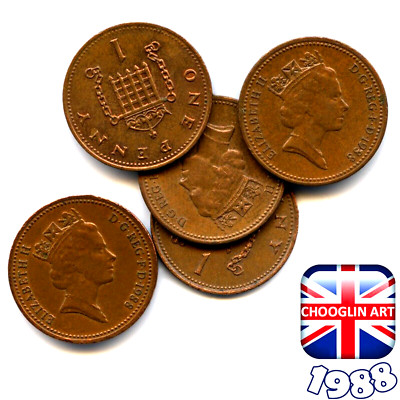 Set of (x5) BRITISH 1988 ELIZABETH II PENNY 1p coins, 37 Years Old ...