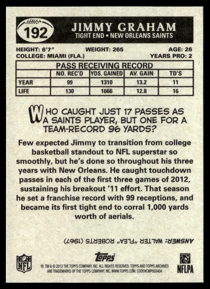 2013 Topps Archives Jimmy Graham #192 New Orleans Saints | eBay