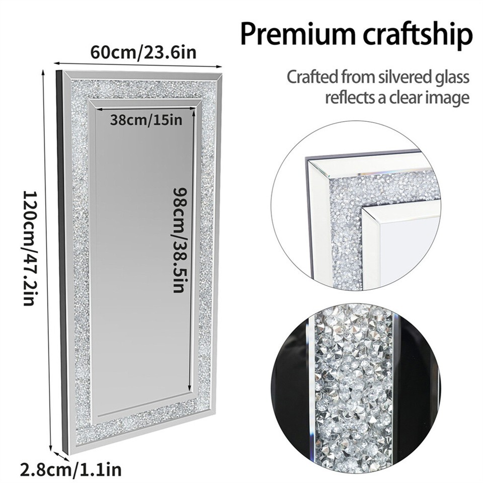 Large Crystal Crush Diamond Rectangle Silver Mirror Wall Hang Frameless ...
