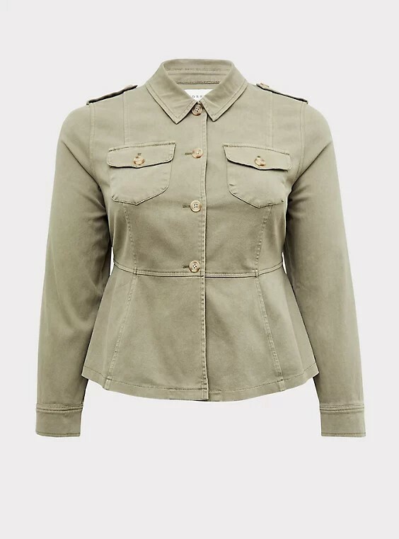 Torrid Womans Plus Size Light Olive Green Twill Peplum Utility Jacket ...