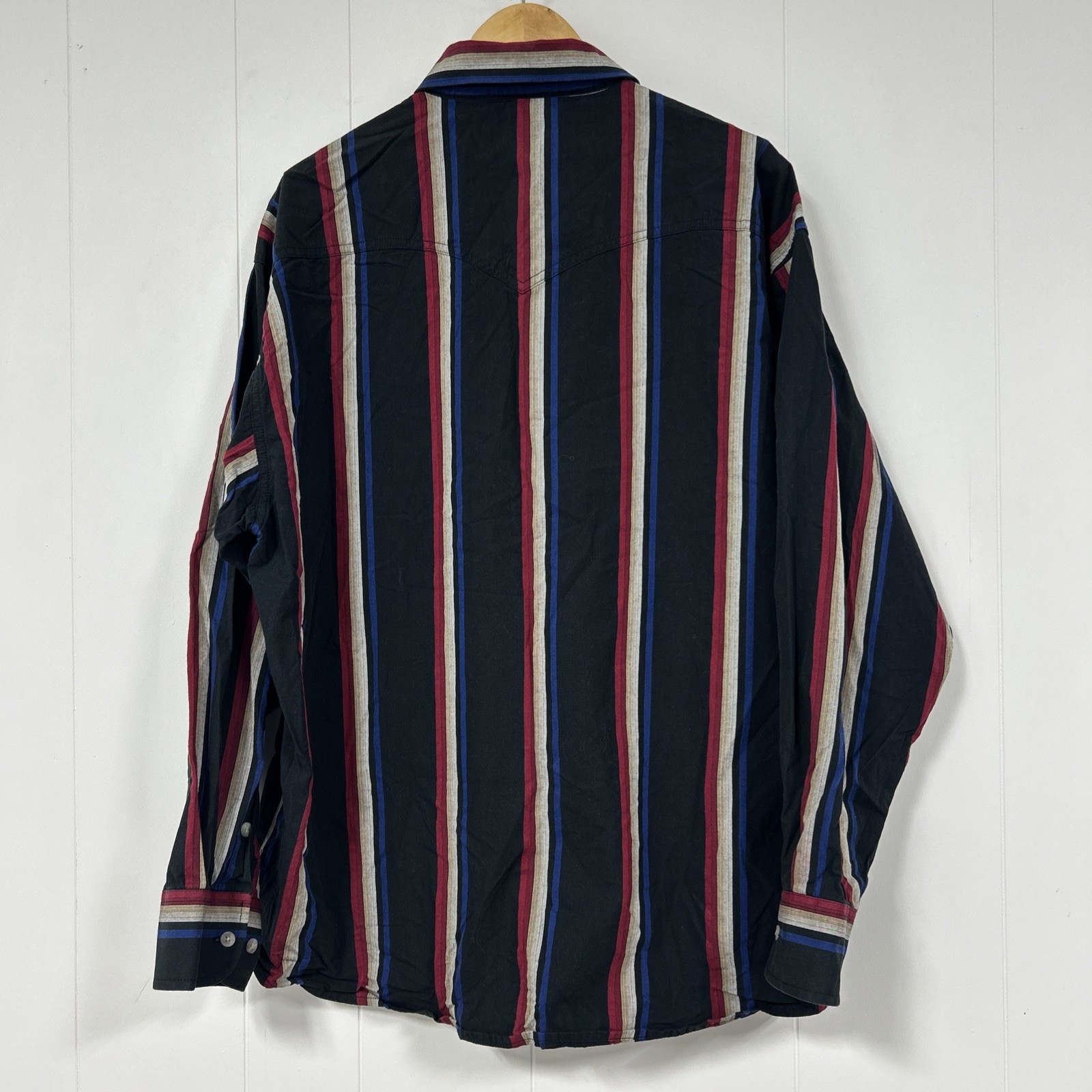 Vintage Wrangler Black Blue Red Striped Button Up Long Sleeve Shirt XL ...