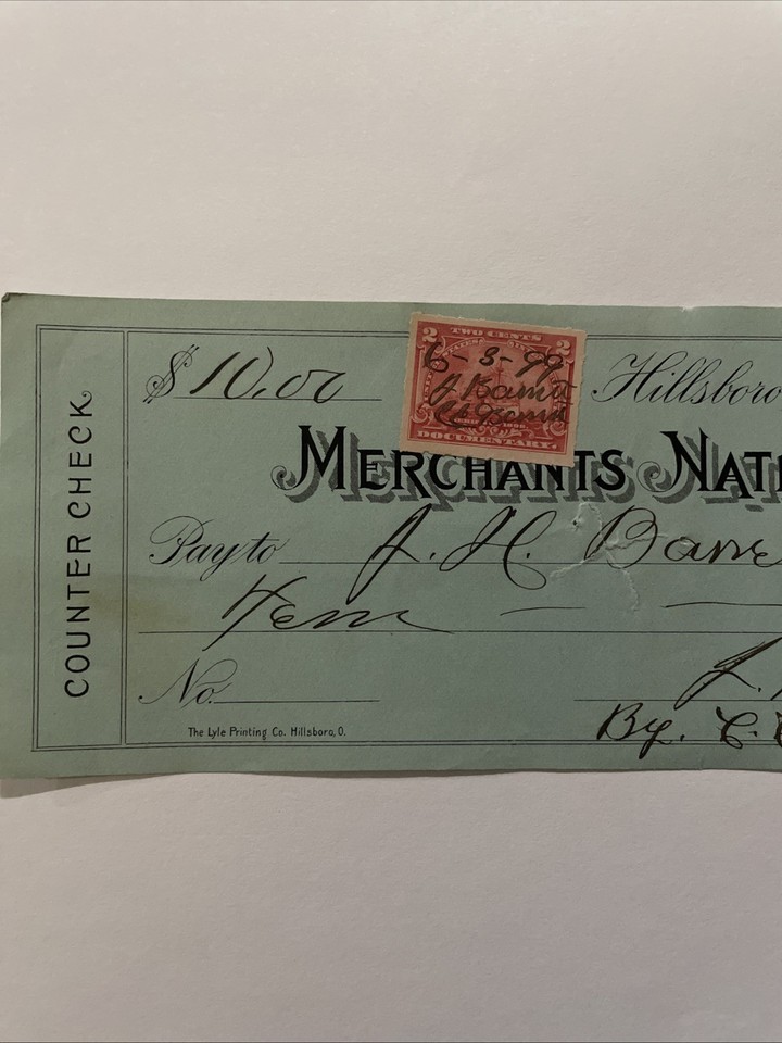 1899 Merchants National Bank Check Hillsboro OH W/ 2 Cent Documentary ...