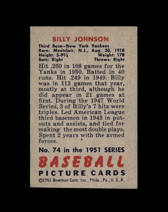 1951 Bowman Set-Break # 74 Billy Johnson VG-VGEX (crease) *GMCARDS* | eBay