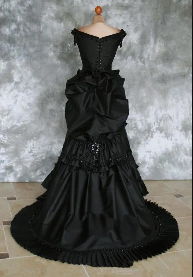 Gothic Black Victorian Evening Dresses Ruched Satin Vampire Ball ...