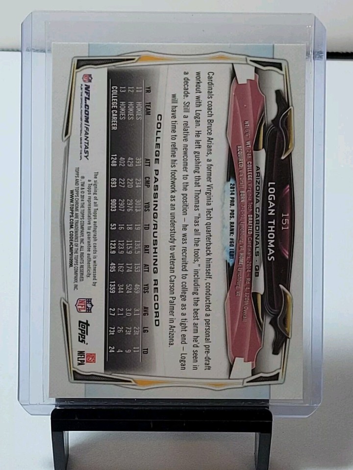 Logan Thomas 2014 Topps Chrome Rookie Auto Autograph RC #151 Commanders ...