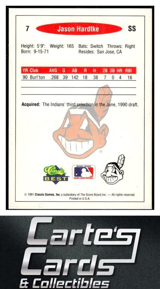 Jason Hardtke 1991 Classic Best #7 Columbus Indians TTM/IP Signed ...