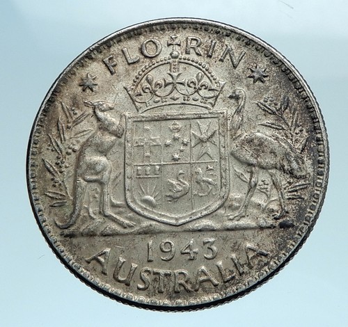 1943 AUSTRALIA Large King George VI Kangaroos Antique Silver Florin ...