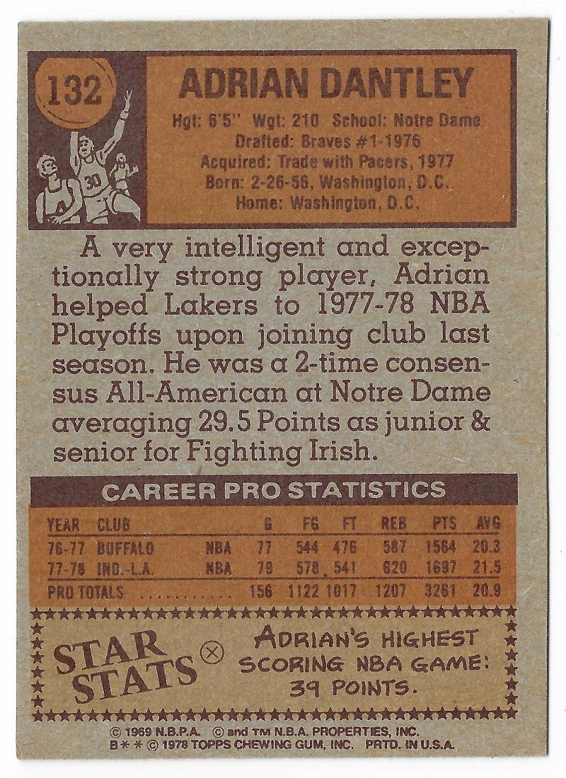 ADRIAN DANTLEY 1978-79 Topps Basketball # 132 Los Angeles Lakers HOF NM ...