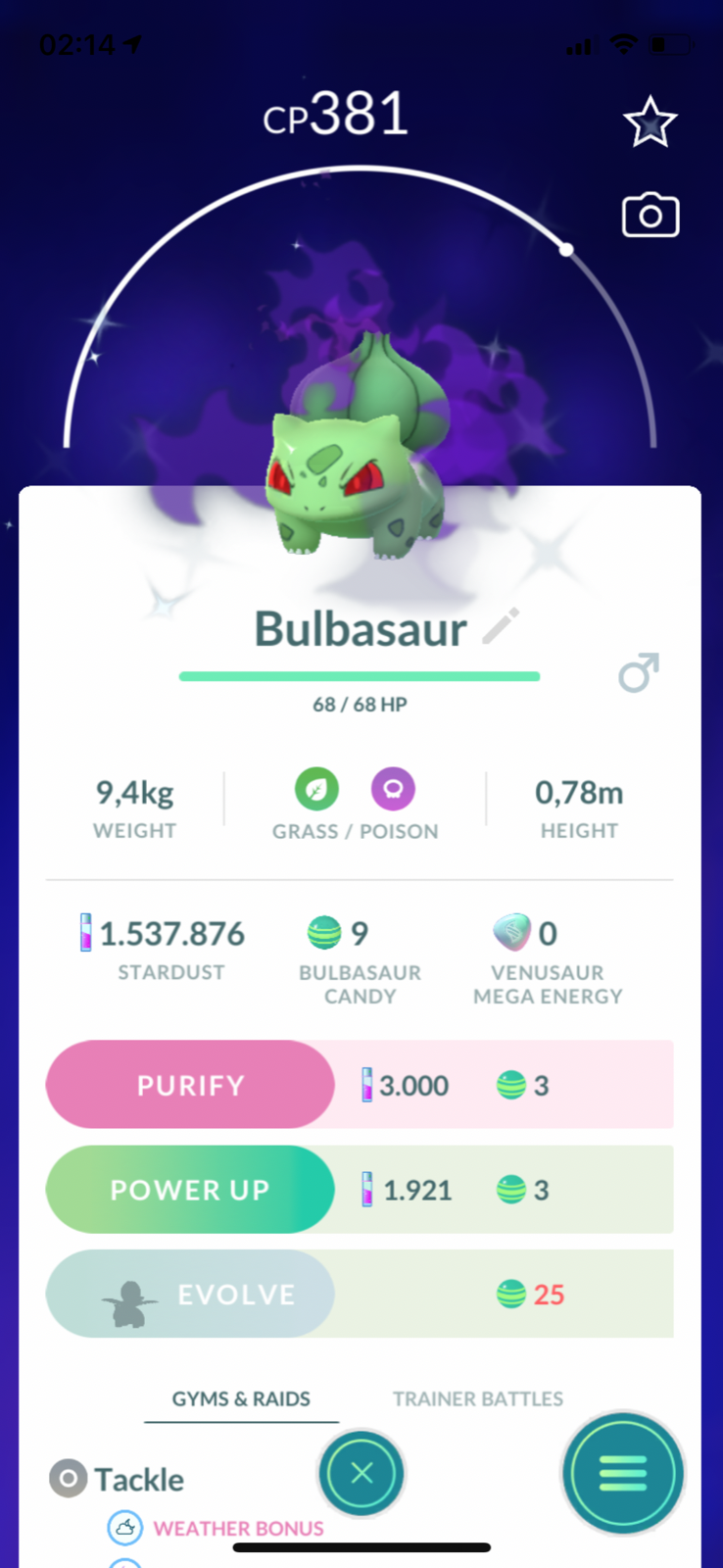Pokémon Go - Shiny Shadow Bulbasaur ( Purified) trade 20k stradust ...