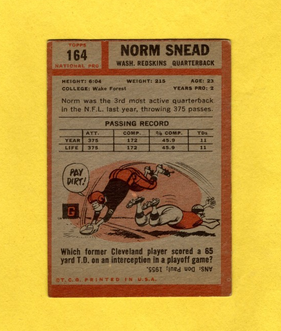 1962 Topps Norm Snead #164 Washington Redskins VG/EX FREE SHIPPING | eBay