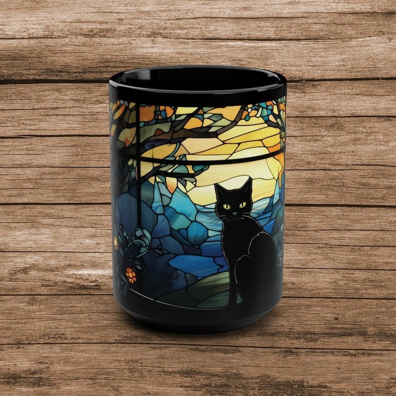 Black Cat Coffee Mug – Stained Glass Sunset Art, Unique Gift for Cat ...