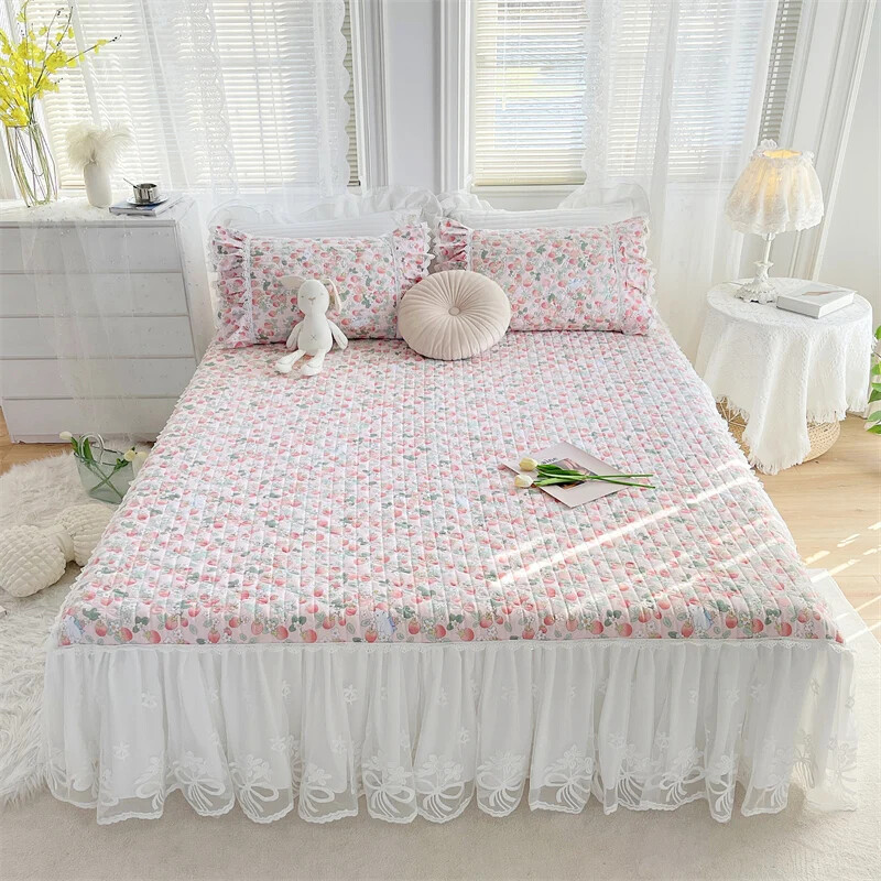 100%Cotton Elegant White Lace Ruffles Quilted Floral Pattern Bed Skirt ...