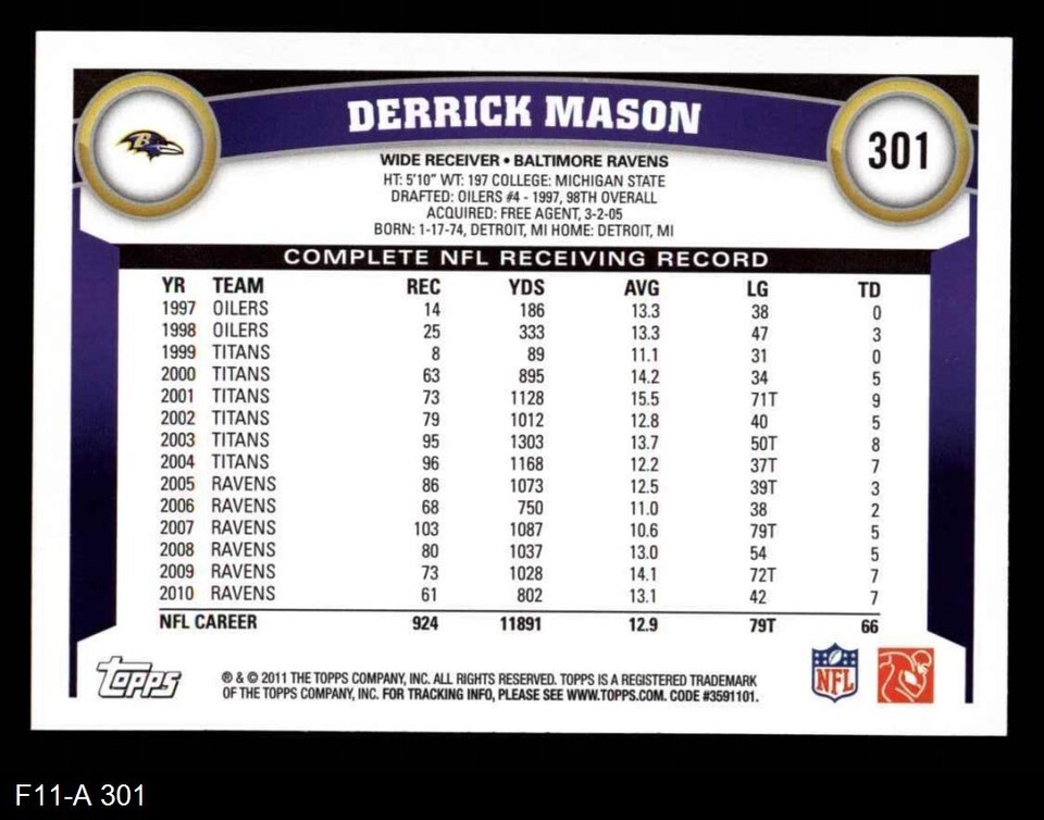 2011 Topps #301 Derrick Mason Ravens Michigan St 8 - NM/MT | eBay