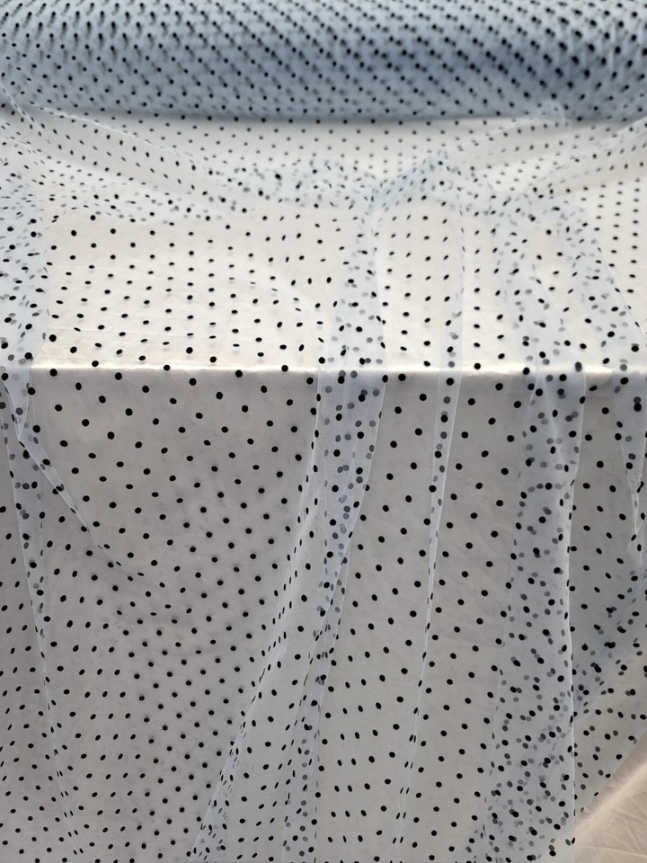 Vintage Sky Blue Tulle Black Velvet Polka Dot Pattern Lace Fabric By ...