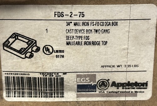 NEW Appleton FDS-2-75 Cast Iron Hub Device Box, 3/4" Threaded, 2-Gang ...