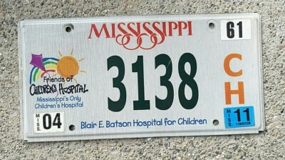 REAL MISSISSIPPI STATE LICENSE PLATE AUTO CAR TAG # 3138 HOSPITAL ...