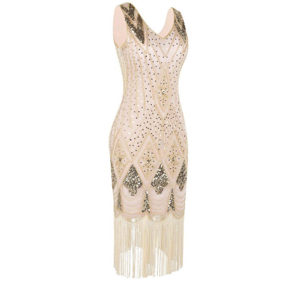 1920s Vintage Women Party Dress Sequins Beads Tassel Fringe Flapper ...
