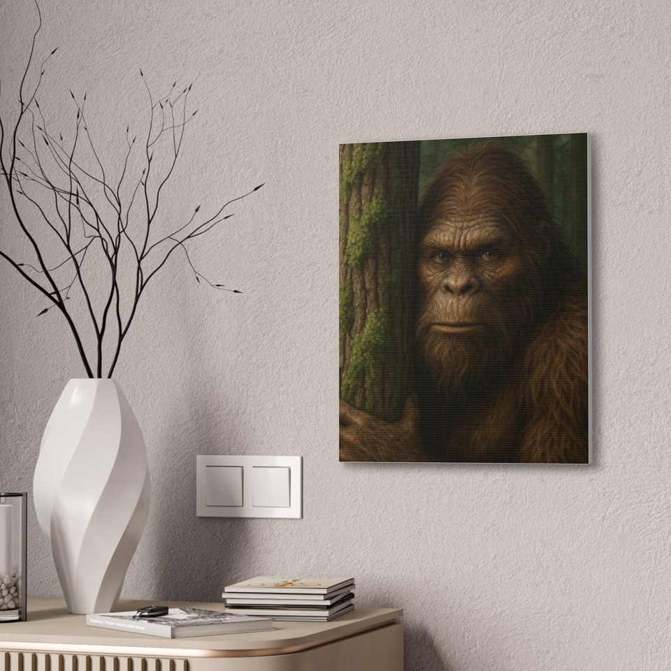 Lifelike Bigfoot Canvas Wall Art – Rustic Sasquatch Print on Pinewood ...