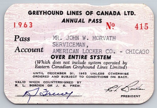 Greyhound Lines of Canada 1963 Annual / Yearly Bus Pass #413 | eBay
