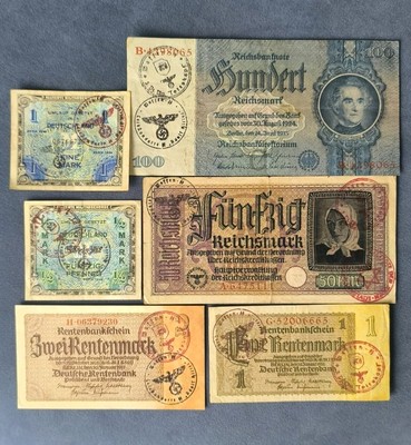 6 German Banknotes Hand Stamped WWII ( 1939-45 ) Nazi Military Stamps ...