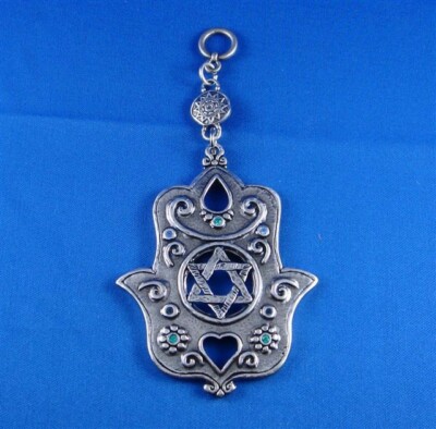 WALL HANGING PEWTER CHAMSAH WITH STAR OF DAVID DESIGN W/BLUE AND GREEN ...