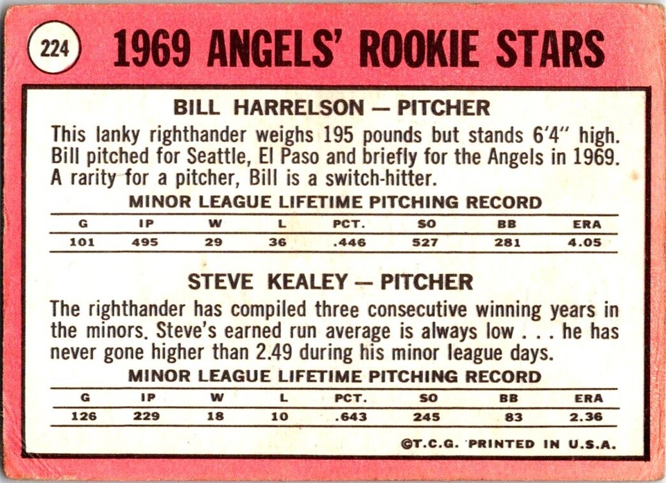 1969 Topps Angels Rookies - Bill Harrelson/Steve Kealey Rookie ...