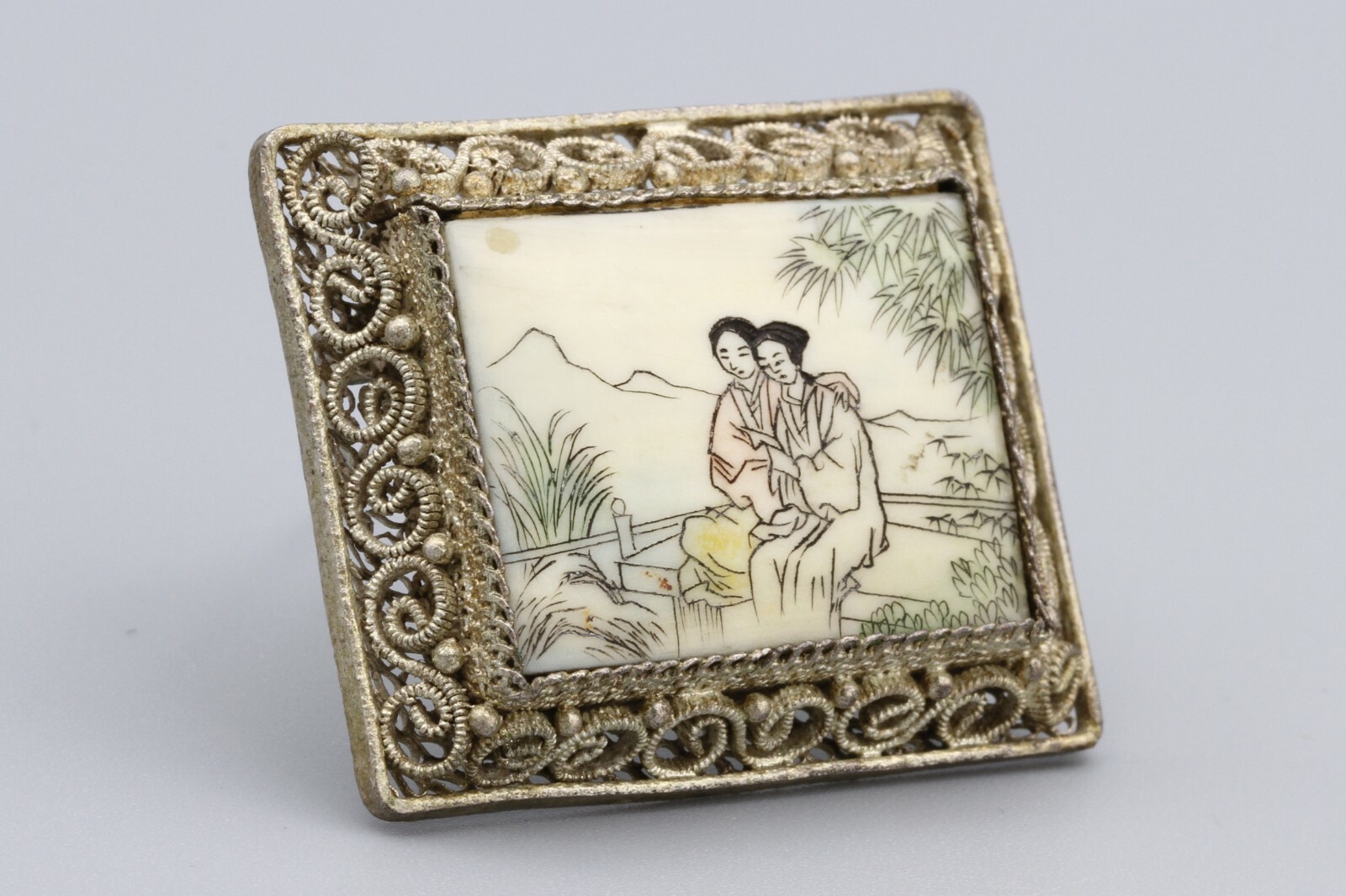 Hand Painted Sterling Silver Filigree Brooch, Antique Chinese Export ...