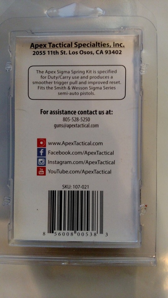 Apex Tactical Smith & Wesson S&W Sigma Spring Kit 107-021 SW9VE SW40VE ...