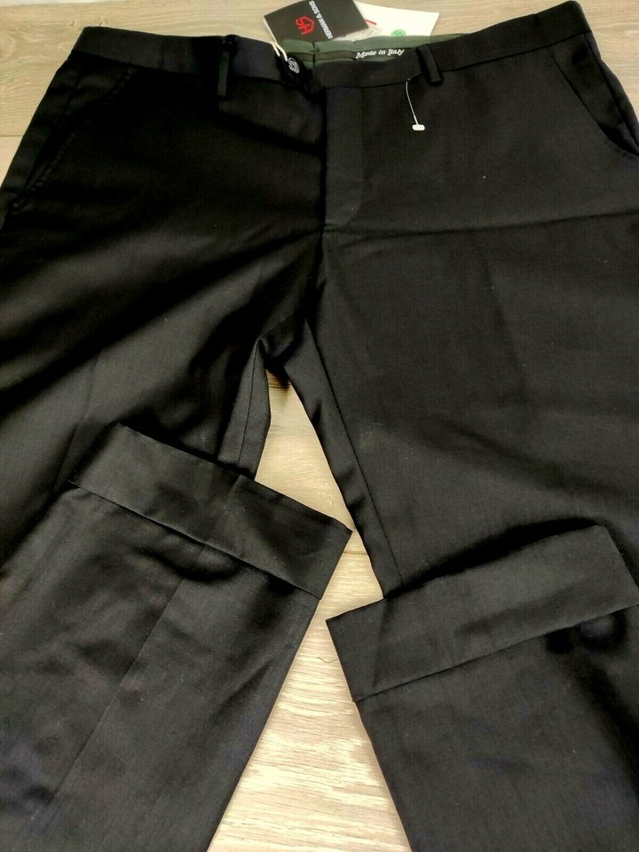Herman & Sons Mens Trousers Wool Dress Pant Slim Fit Black Italy 56 W39 ...
