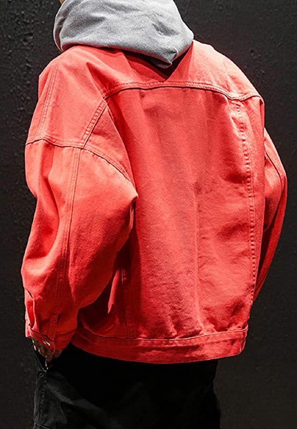 Men's Stylish Loose Fit Lapel Collar Button Up Denim Jacket Outwear Red ...