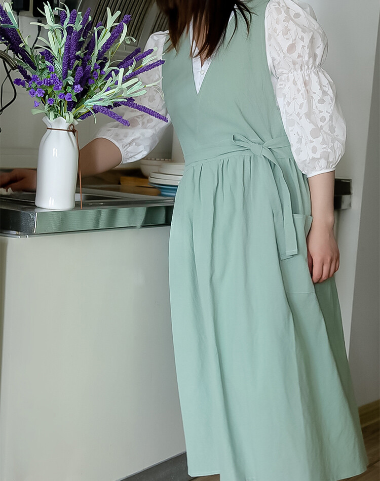 Women V-neck Apron with Pockets French Retro Comfy Cotton Blend Work ...