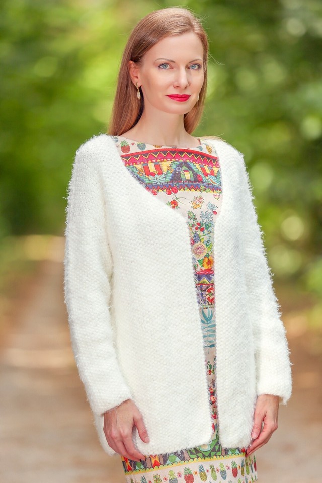 White fuzzy cardigan hand knitted sweater top fluffy soft cardigan by ...