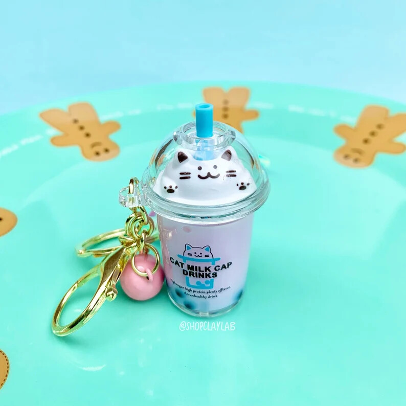 Boba Milk Tea Keychain Cat Milk Cap Series (Moving Liquid and Boba) | eBay