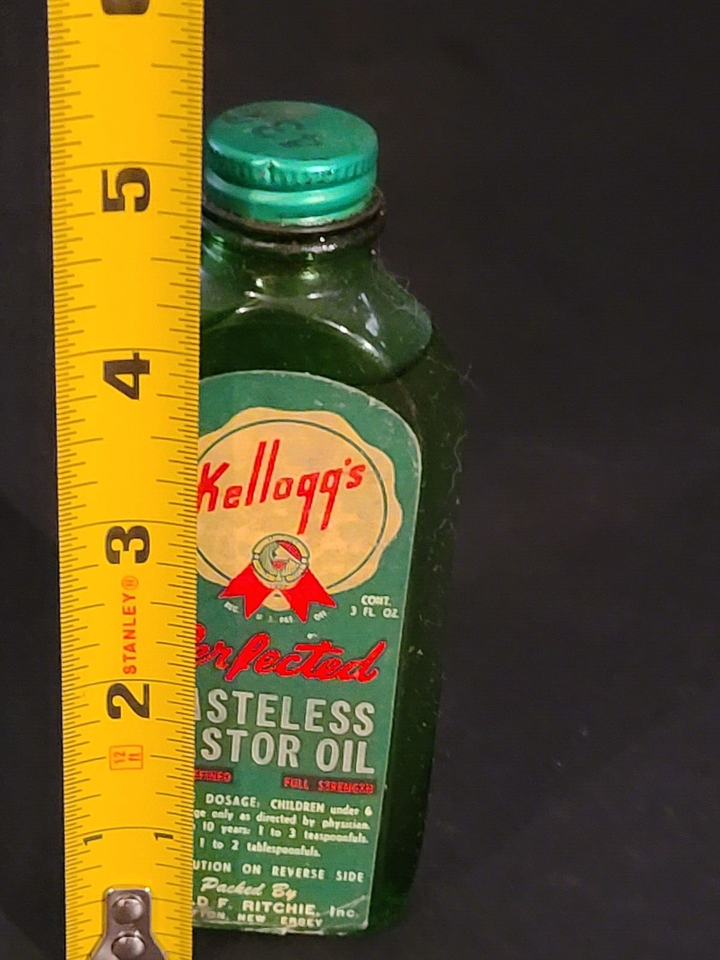 VTG Kelloggs Perfected Tasteless Castor Oil 2 oz Green Glass Bottle ...