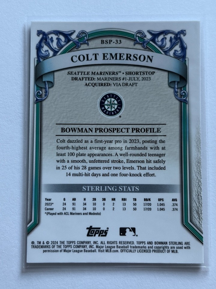 COLT EMERSON 2024 Bowman Sterling BSP-33 Seattle Mariners | eBay