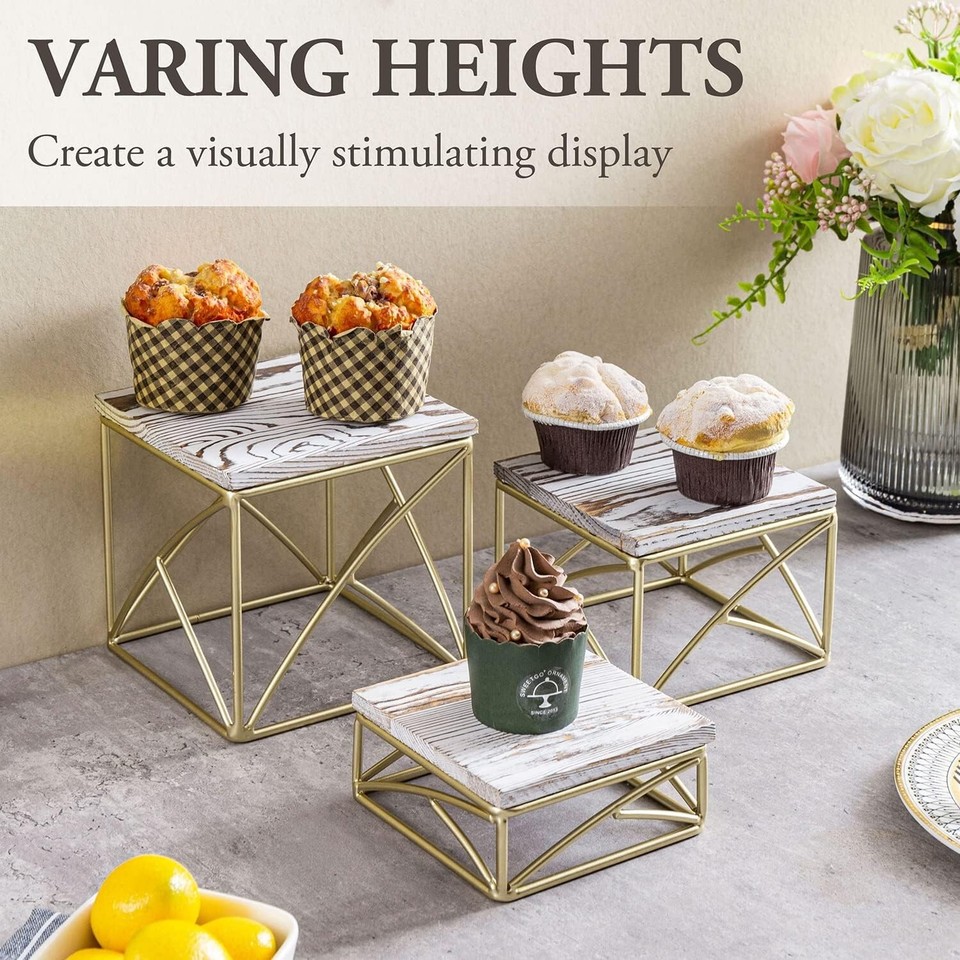 Whitewashed Wood & Geometric Brass Metal Wire Dessert Display Risers ...