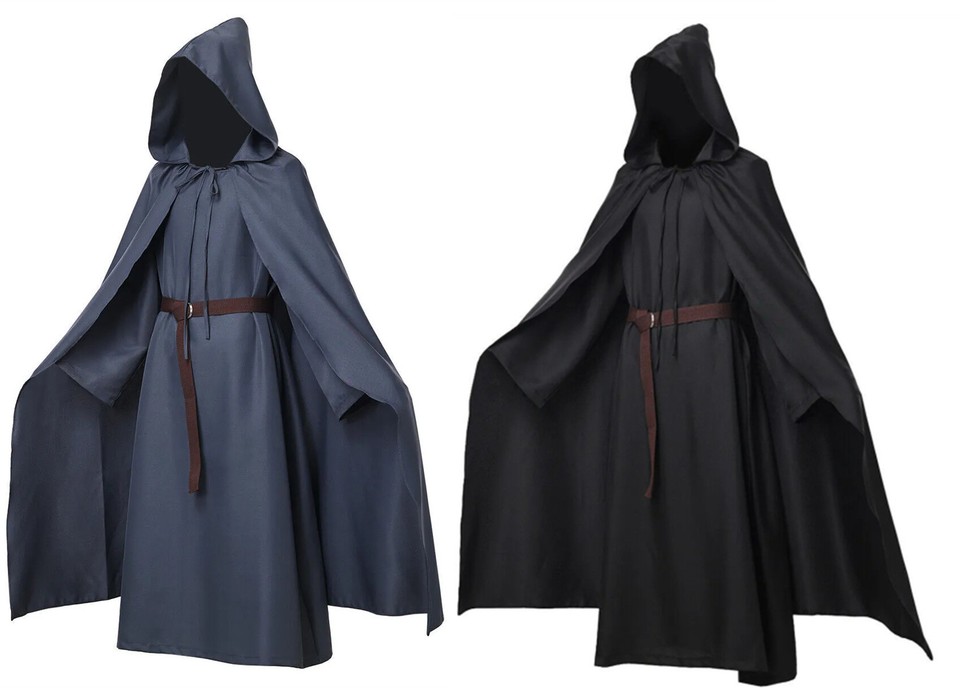 Medieval Men's Long Hooded Cloak Robe Halloween Wizard Sorcerer ...