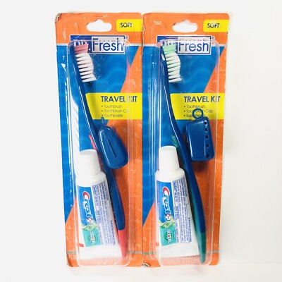 NEW 2 Pk Dr. Fresh Travel Toothbrush + Colgate Toothpaste & Cover TSA ...