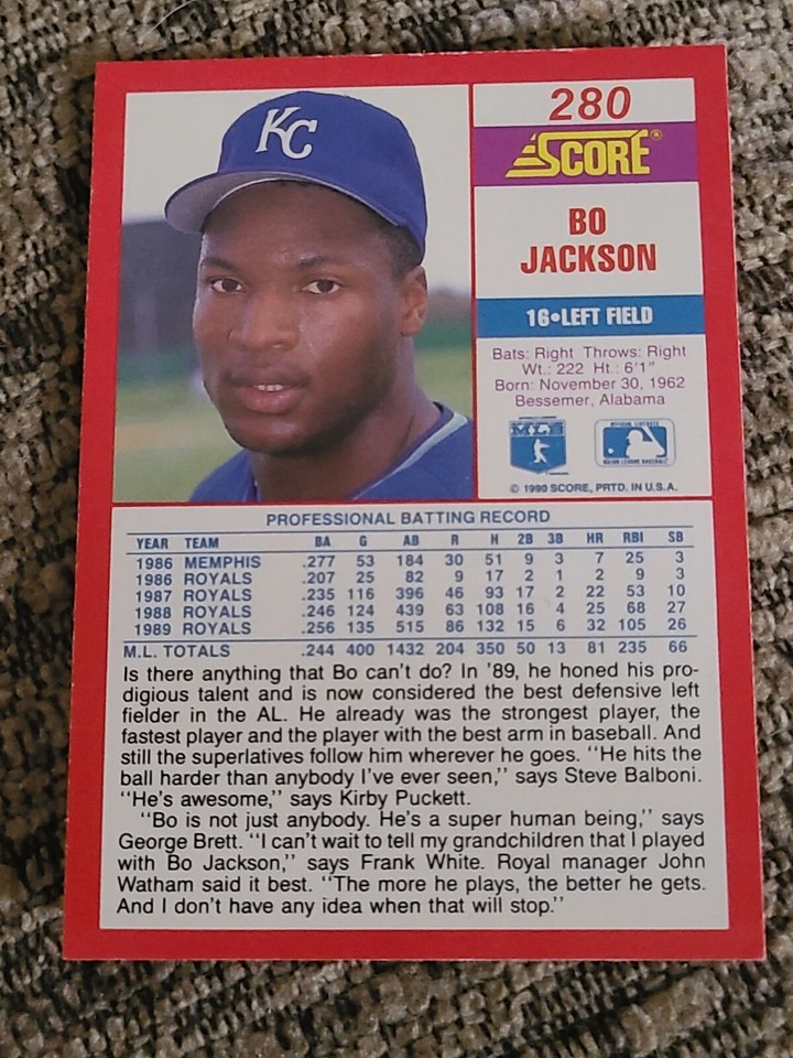 Bo Jackson 1990 Score Baseball Card NM #280 | eBay