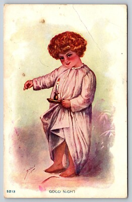 Postcard Good Night Boy with Candle 16V | eBay