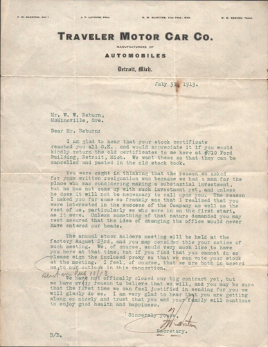 1913 TRAVELER MOTOR CAR COMPANY letter on letterhead, form DETROIT ...