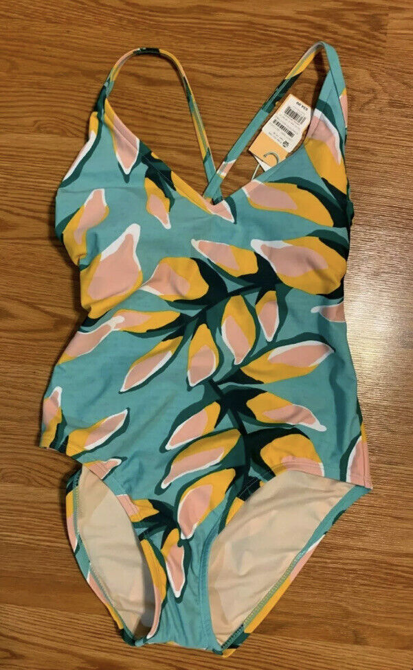 Kona Sol Criss Cross Back Medium Coverage One Piece Teal Floral