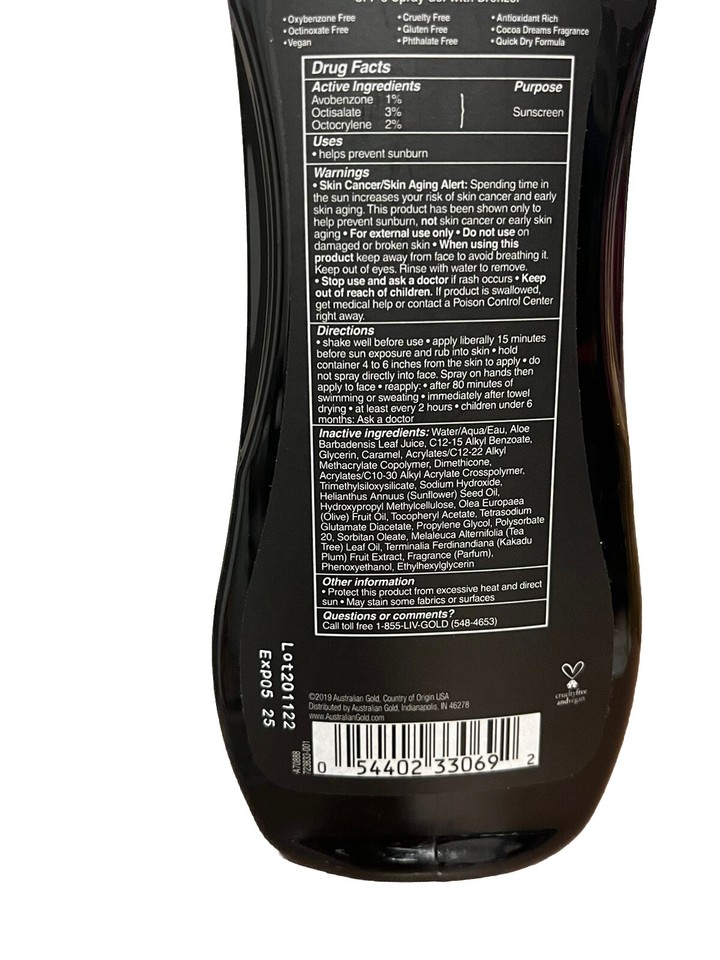 Australian Gold SPF 8 Spray Gel Sunscreen with Instant Bronzer 5/25 | eBay