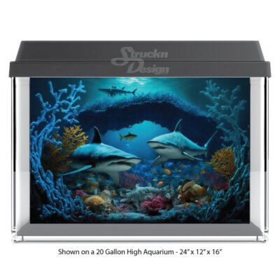 Sharks Ocean Sea Floor Polyester Fish Tank Glass Backdrop Aquarium ...