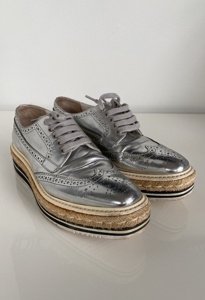 PRADA SS 2011 Silver Leather Brogues Derby Espadrille Creeper Sz 37/US ...