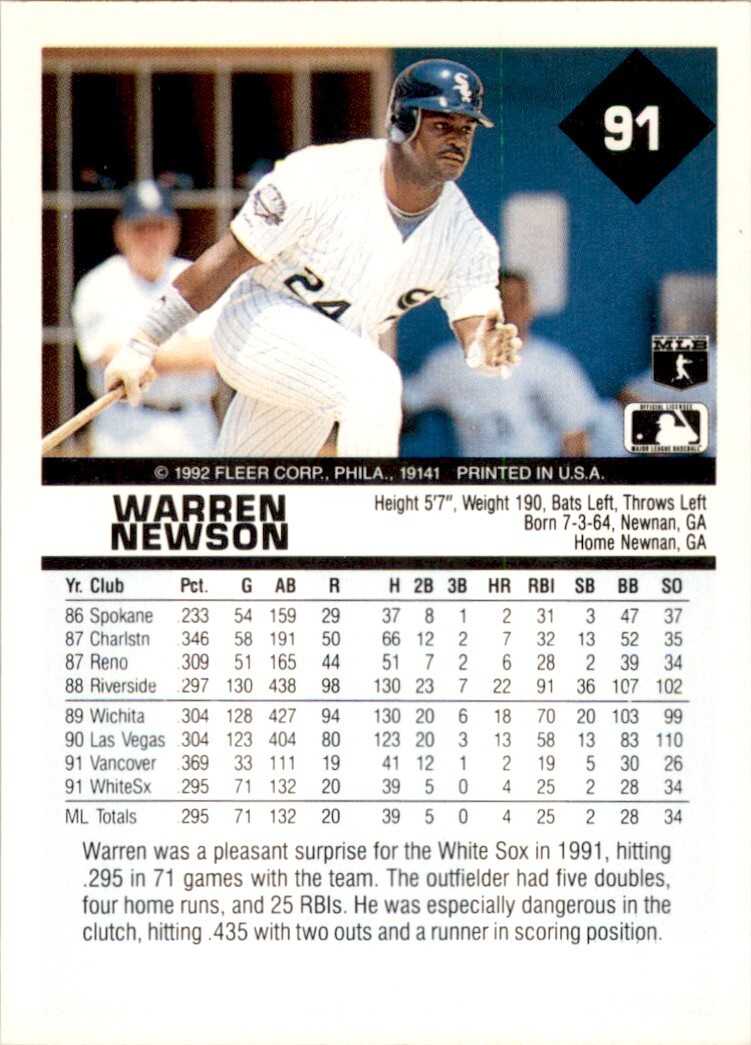 1992 Fleer Warren Newson Chicago White Sox #91 | eBay